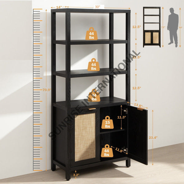 buy solid wood bookcase bookshelf display rack with rattan cane work ...